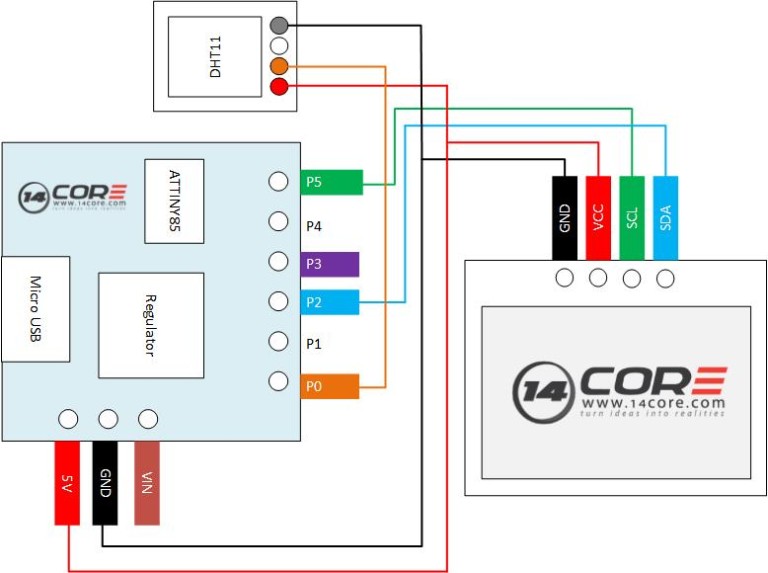 Wiring-Diagram-ATTINY85-DigiSpark-OLED-Screen-DHT11 | 14core.com