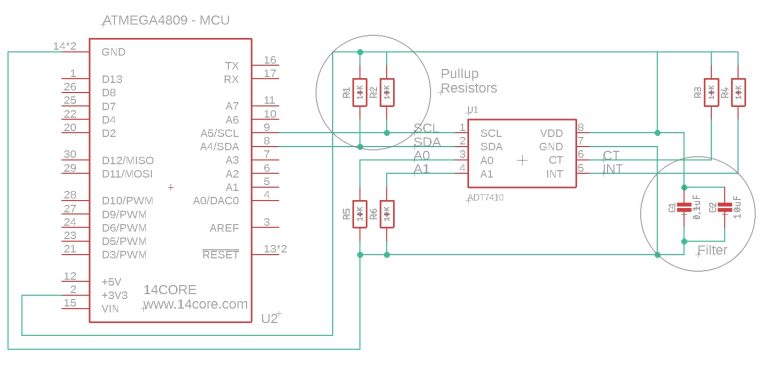 Wiring the 16-BIT ADT7410 High Accuracy Digital i2C Temperature Sensor | 14core.com