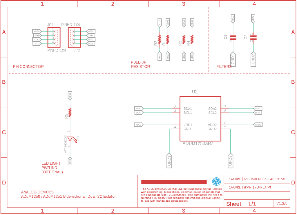 i2C-Isolator-ADuM1250-Schematics-Diagram-14CORE | 14core.com