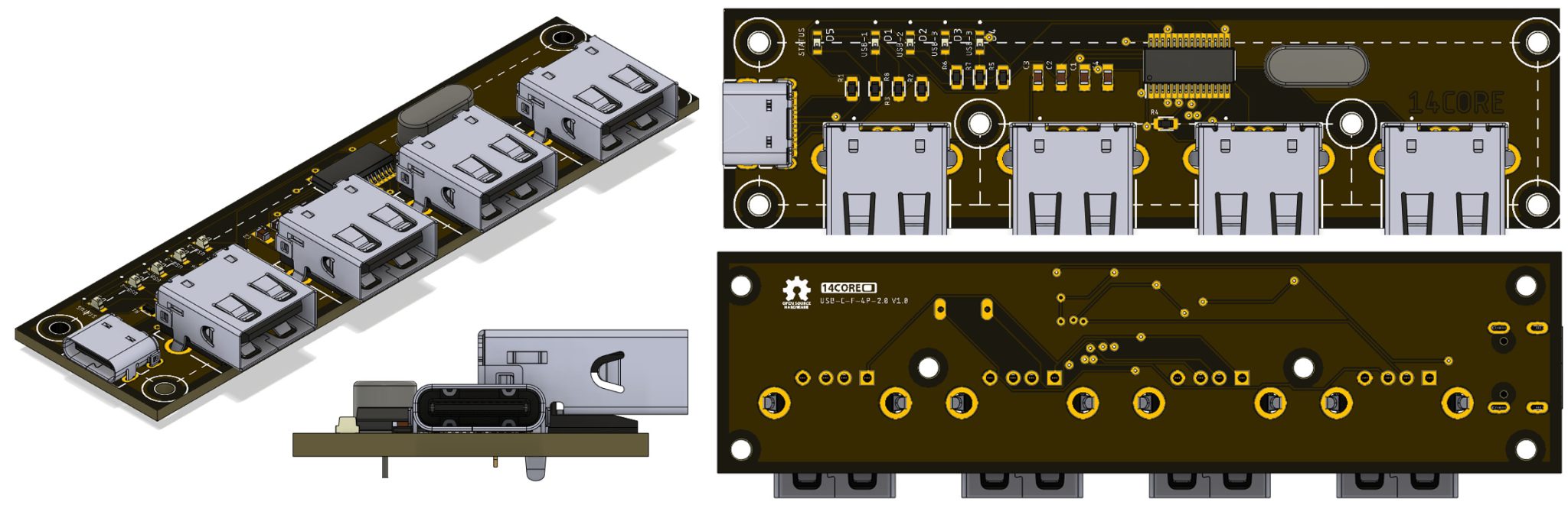 14CORE TYPE-C to USB-A HUB on FE1.1S USB 2.0 High-Speed 4-PORT HUB ...